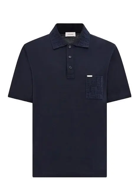 FERRAGAMO V-neck Polo With Jacquard Pocket Detail - Navy