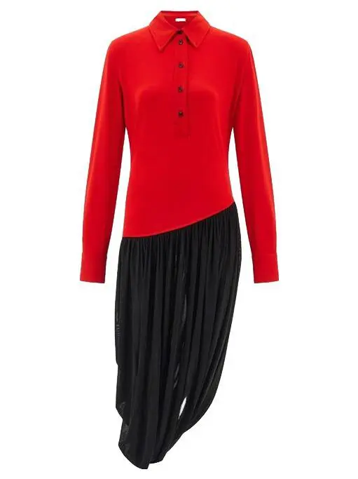 FERRAGAMO Viscose Shirt Dress With Gathered Skirt - Black / Red