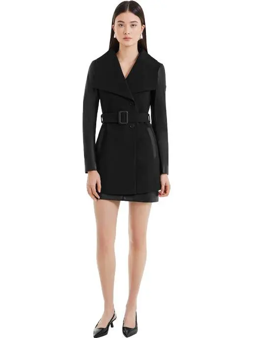 Rudsak Fitted Neoprene Wrap Coat With Recycled Leather Sleeves - Black