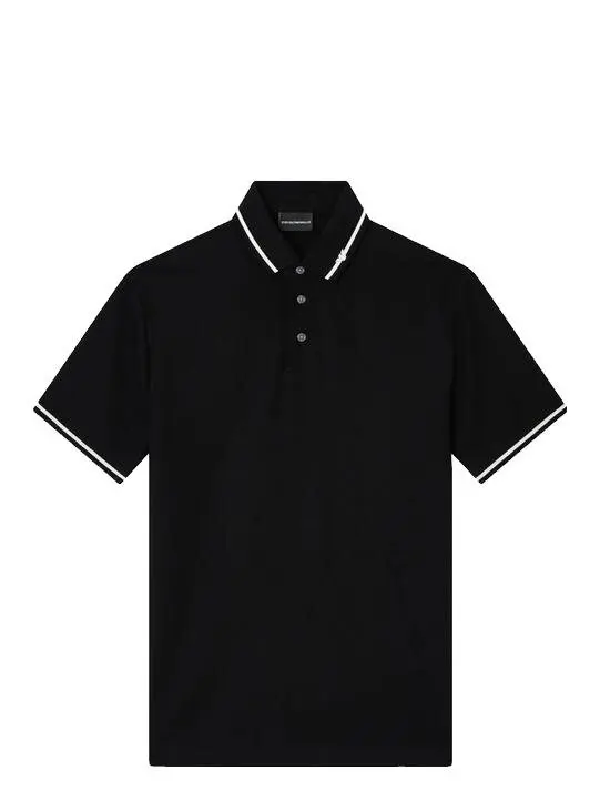 Emporio Armani Piqué Polo Shirt With Micro Eagle Embroidery And Trim - Black