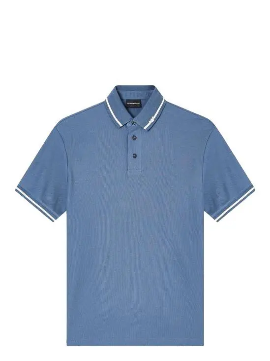 Emporio Armani Piqué Polo Shirt With Micro Eagle Embroidery And Trim - Blue