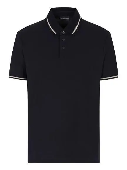 Emporio Armani Piqué Polo Shirt With Micro Eagle Embroidery And Trim - Navy