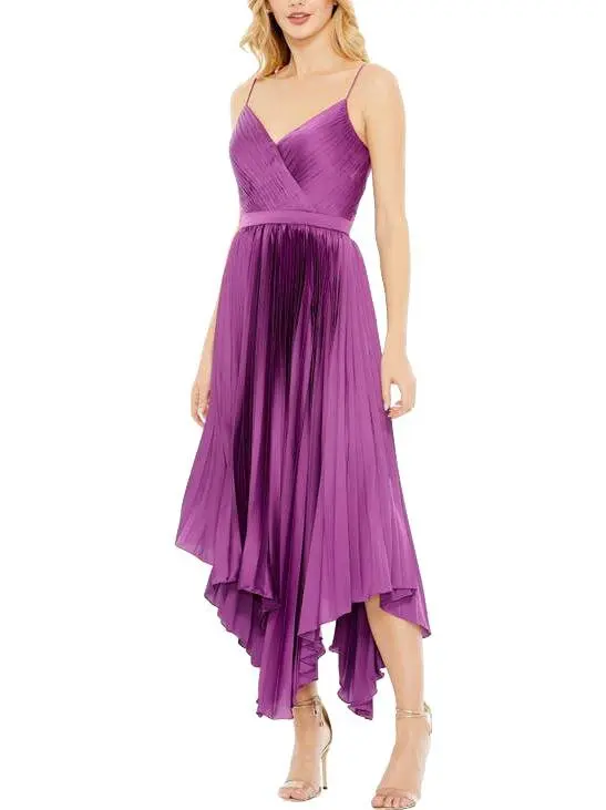 Mac Duggal Flowy Pleated Satin Midi Dress - Amethyst