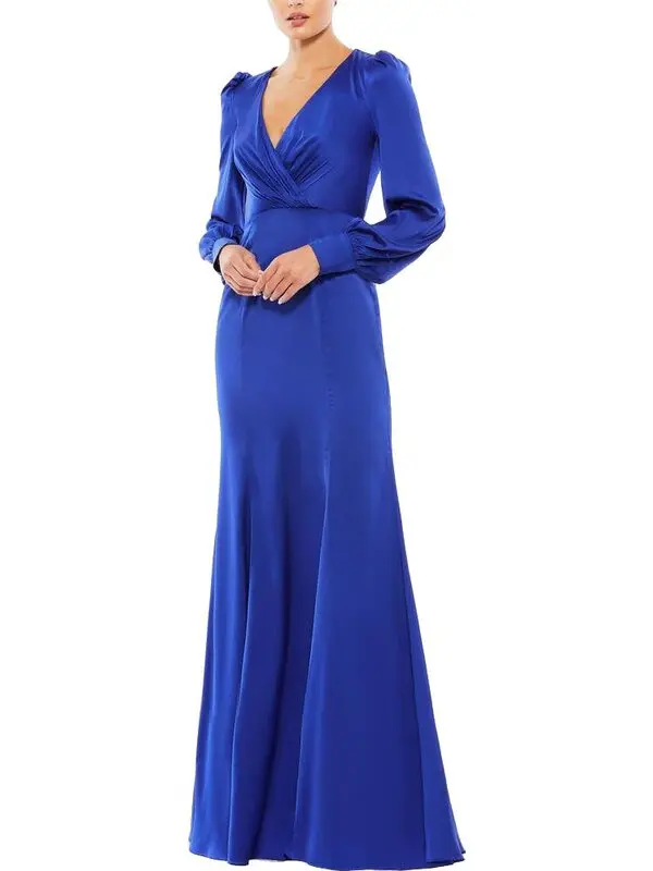 Mac Duggal Satin Ruched Bishop Sleeve Gown - Royal Blue