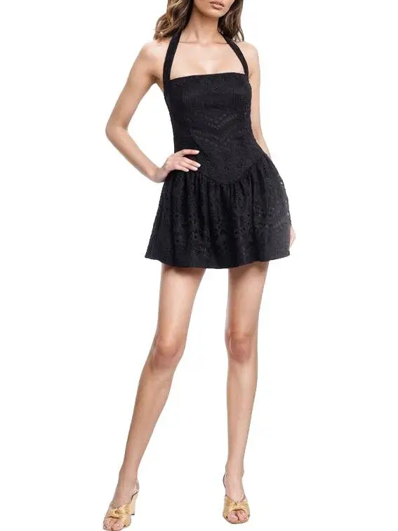 Badgley Mischka Lace Fit & Flare Halter Mini Dress - Black