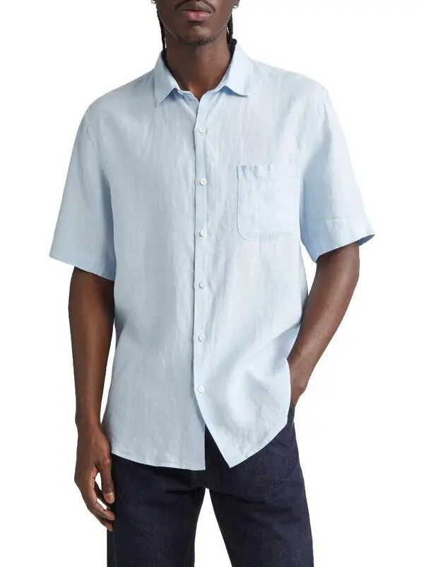 Sunspel Short Sleeve Linen Button-up Shirt - Light Blue25