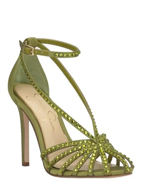 Jessica Simpson Ankle Strap Stiletto Sandals - Botanical Green Matte Satin