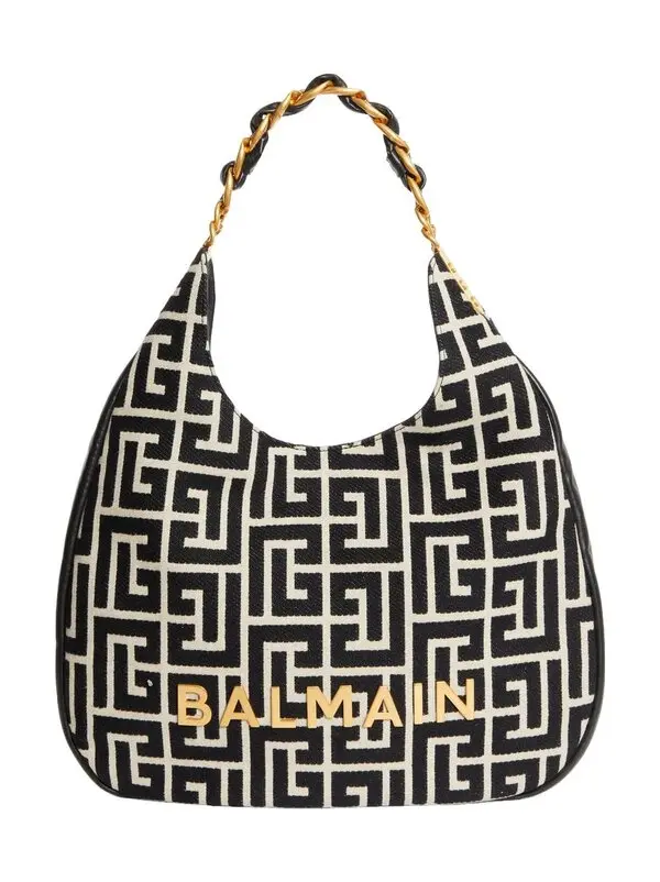 Balmain 1945 Large Soft Monogram Jacquard Hobo Bag - Ivory/ Black