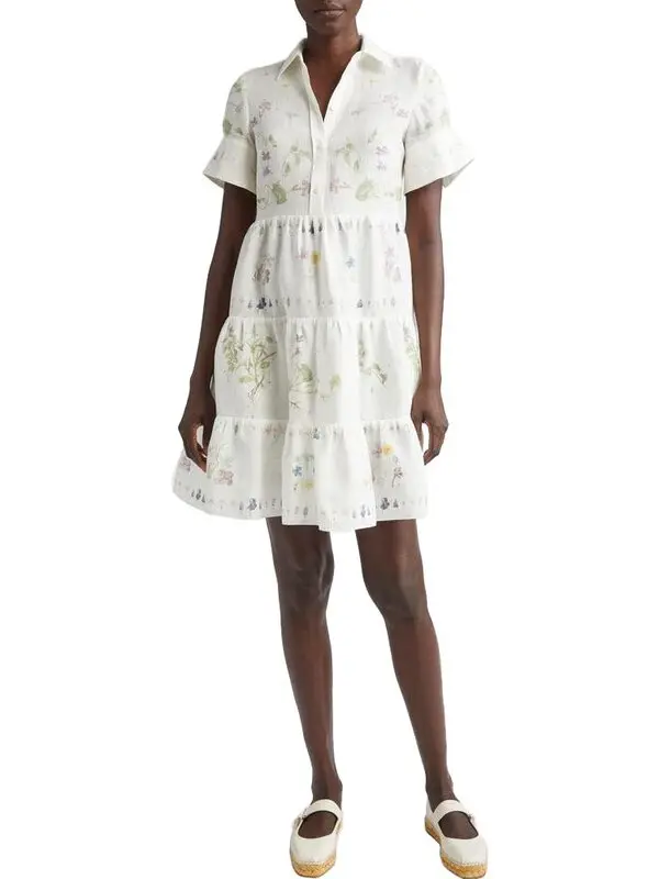 Erdem Short Sleeve Linen Shirtdress - Botanical Garden White