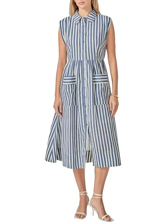 English Factory Stripe Sleeveless Seersucker Midi Shirtdress - Navy/ White