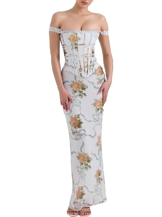 House Of Cb Clemmie Georgette Column Gown - Yellow Rose Off White