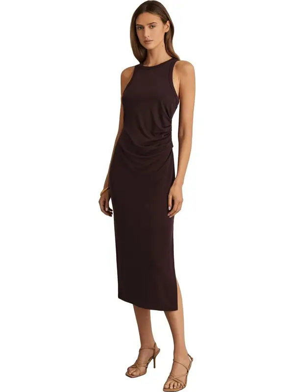 REISS Lola Jersey Ruched Racer Midi Dress - Burgundy