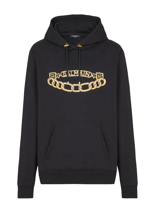 Balmain Chain Print Cotton Hoodie - Black