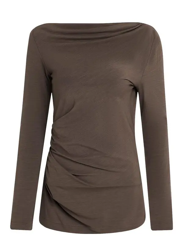 Brunello Cucinelli Long-sleeve Asymmetric Draped Jersey Top - C4228 Brown
