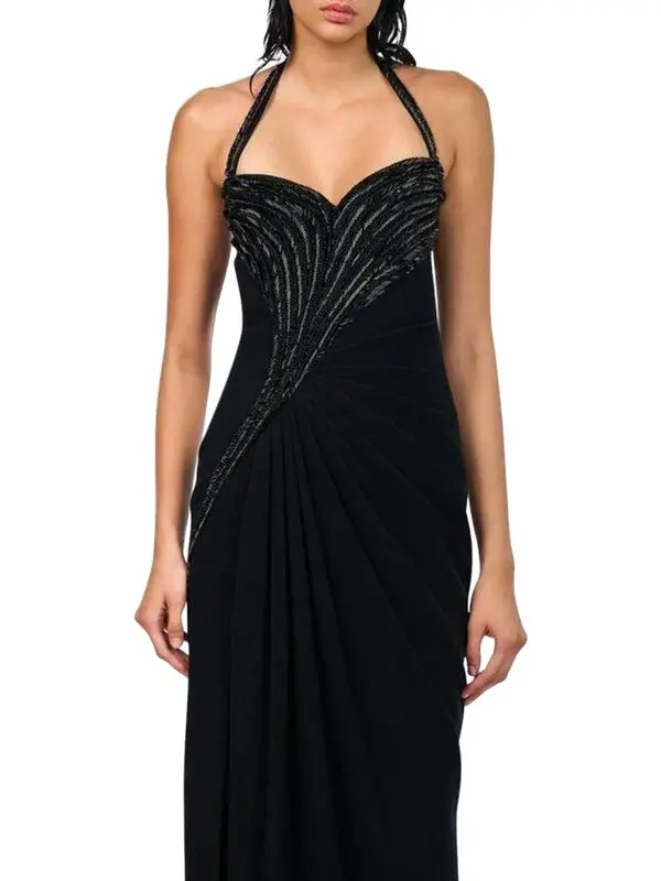 GAURAV GUPTA Athena Embroidered Draped Halter Gown - Black