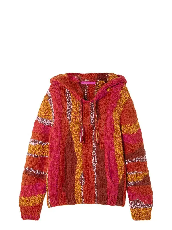 THE ELDER STATESMAN Tasseled Striped Organic Cotton-bouclé Hoodie - Red