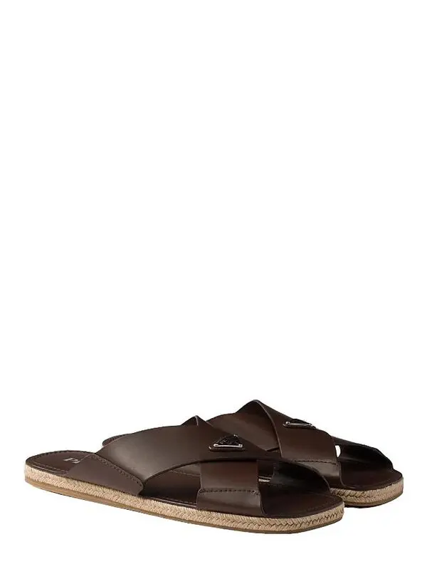 Prada Crisscross Leather Slides - Brown