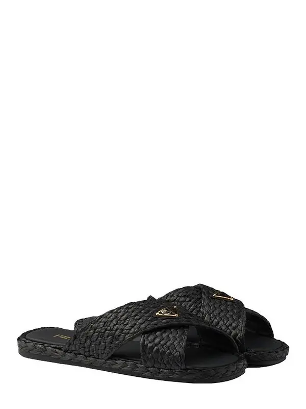 Prada Raffia Crisscross Slides - Black