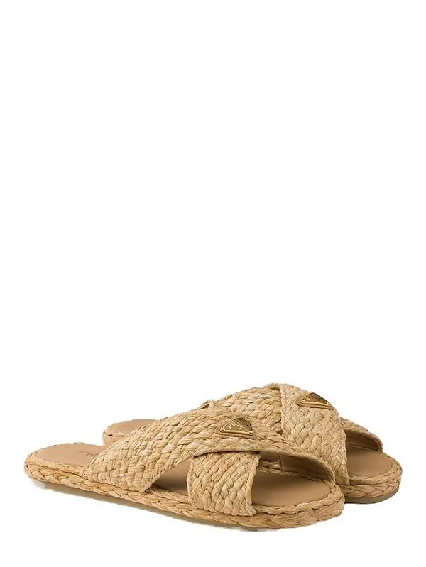 Prada Raffia Crisscross Slides - Neutral
