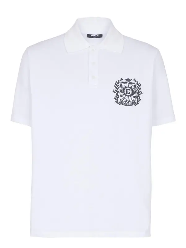 Balmain Cotton Crest Print Polo Shirt - White