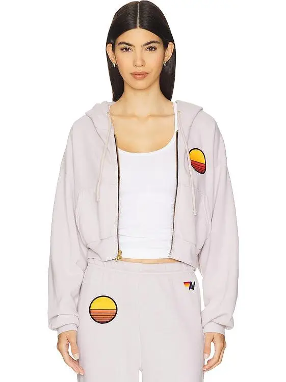 Aviator Nation Sunset Patch Cropped Zip Relaxed Hoodie - Dove Grey