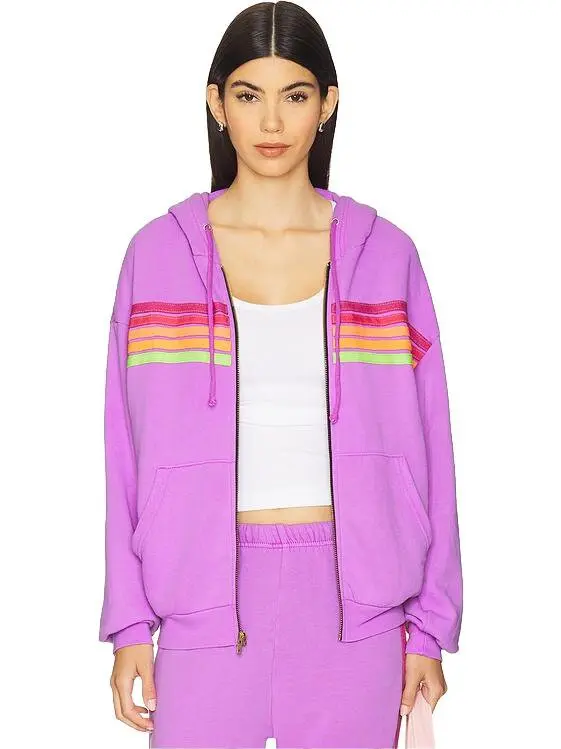 Aviator Nation 5 Stripe Relaxed Zip Hoodie - Neon Purple & Neon