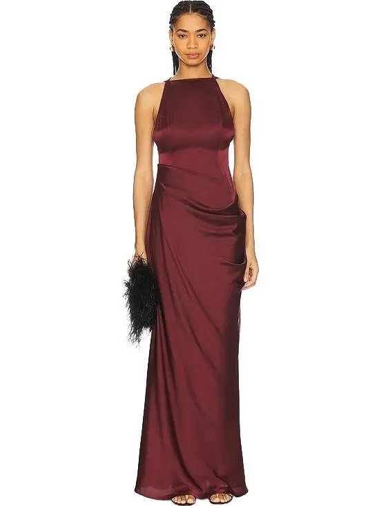 CEREN OCAK Satin Draped Dress - Burgundy