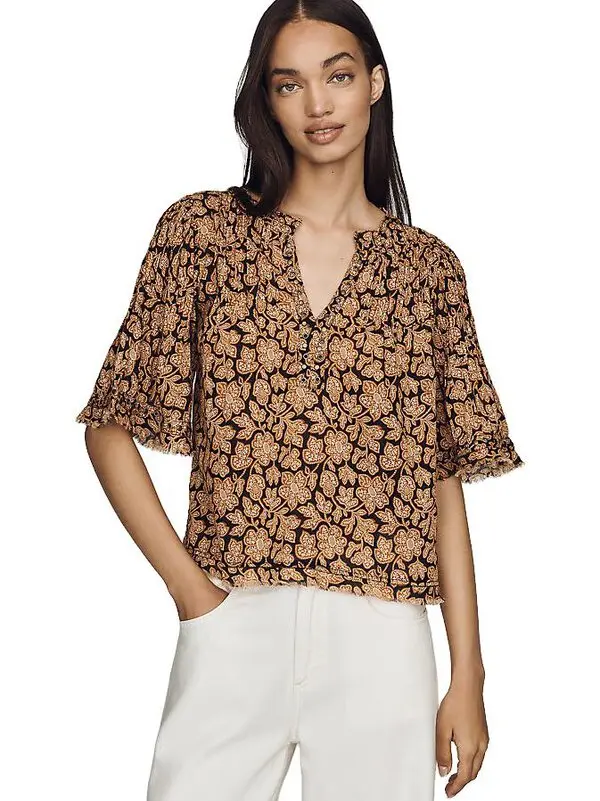 Anthropologie Floral Pintucked Short Sleeve Blouse - Black Pattern