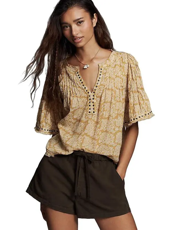 Anthropologie Pintuck Short-sleeve Swing Top - Gold