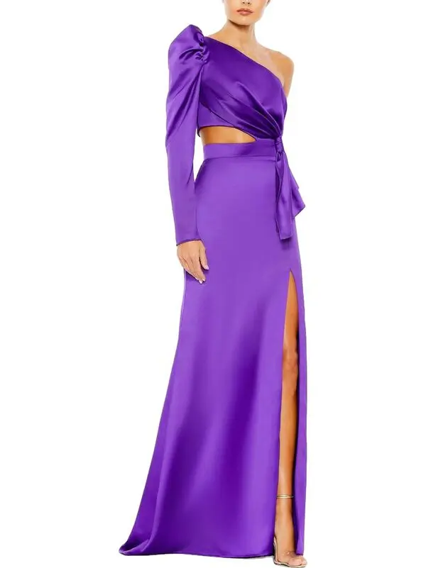 Mac Duggal Side Knot One-sleeve Puff Cutout Evening Gown - Purple