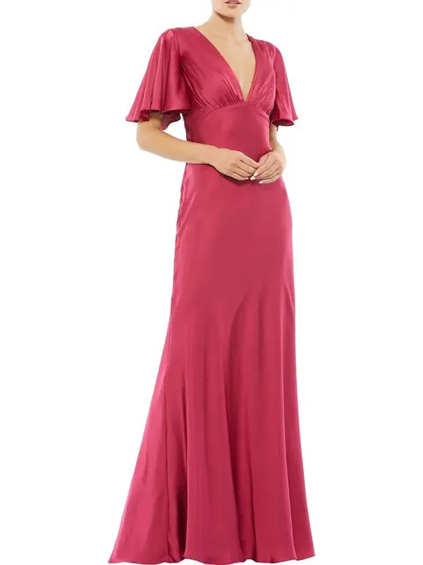 Mac Duggal Flounce Sleeve V-neck Trumpet Gown - Raspberry
