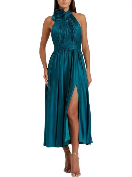 Mac Duggal Pleated Charmeuse Midi Dress - Ocean