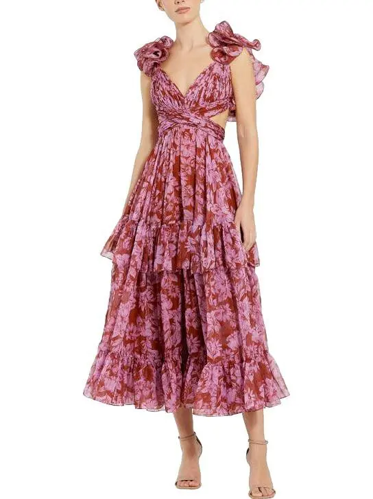Mac Duggal Floral Ruffle Tiered Cut-out Chiffon Midi Dress - Red Multi