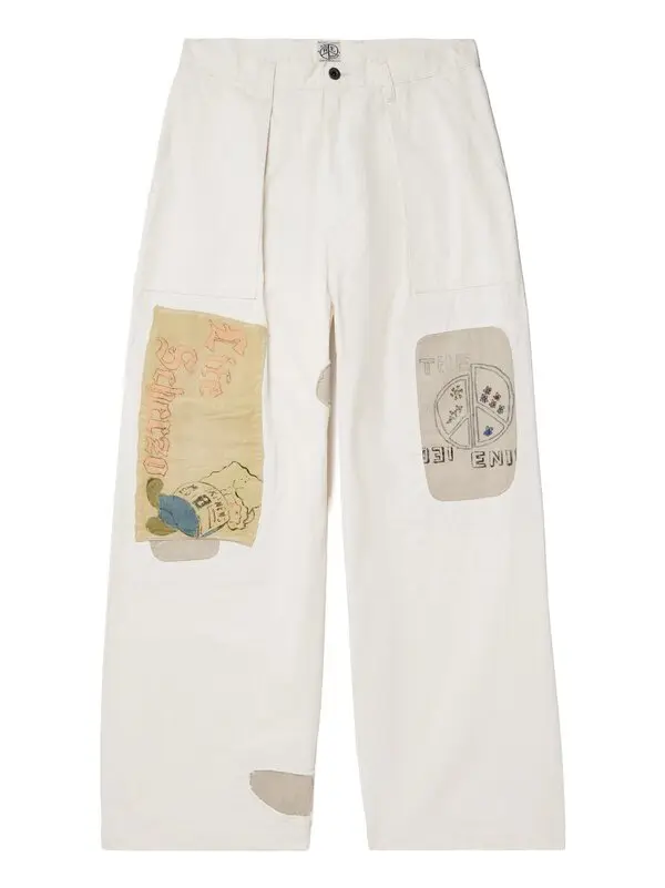 Kapital Fatigue Wide-leg Patchwork Cotton-twill Trousers - Neutrals