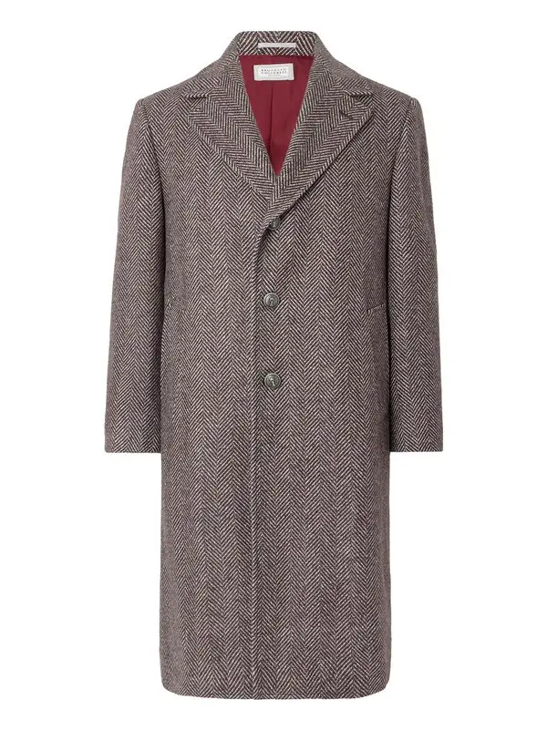 Brunello Cucinelli Herringbone Cashmere And Silk-blend Coat - Brown