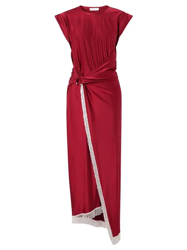 Rabanne Asymmetric Fringed Draped Satin-jersey Dress - Red