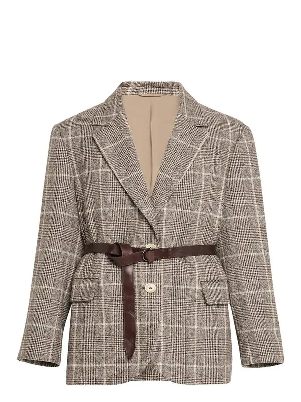 Brunello Cucinelli Belted Wool Alpaca Check Blazer - Brown