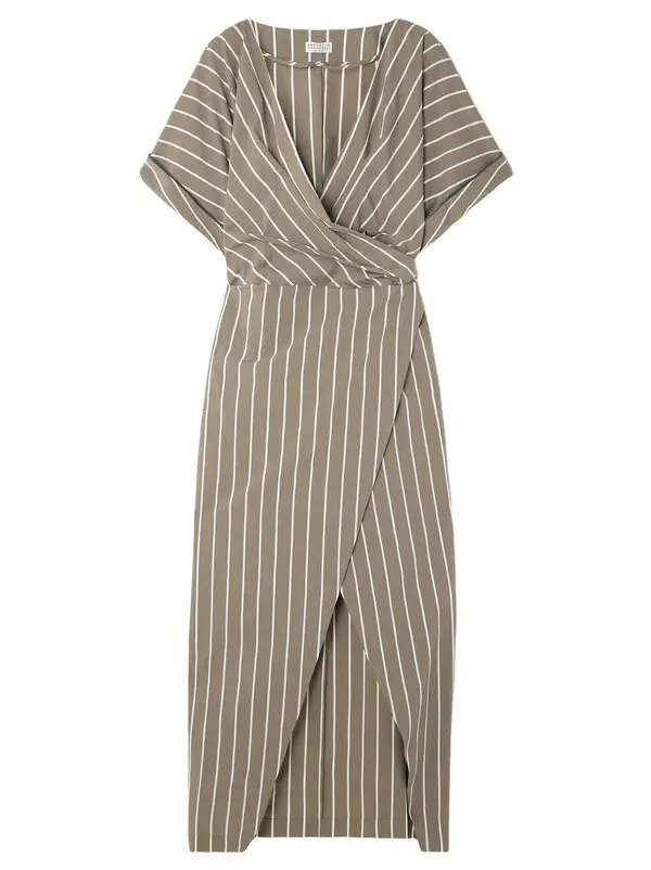 Brunello Cucinelli Striped Cotton-blend Poplin Wrap Midi Dress - Brown