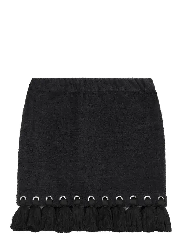CAP D’ANTIBES Cotton-terry Mini Skirt With Eyelet And Tassel Detail - Black