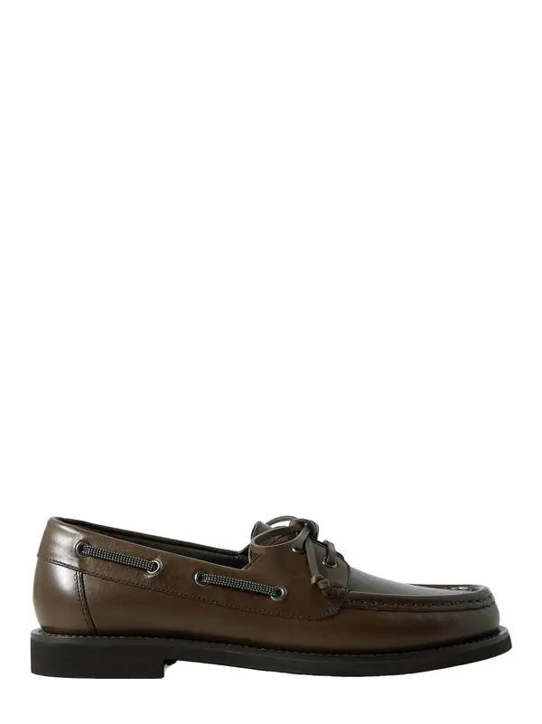 Brunello Cucinelli Embellished Leather Boat Shoes - Brown