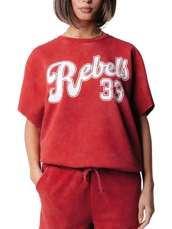 COLOURFUL REBEL Rebels 33 Acid Wash Dropped Shoulder Short Sleeve Sweatshirt - Racing Red