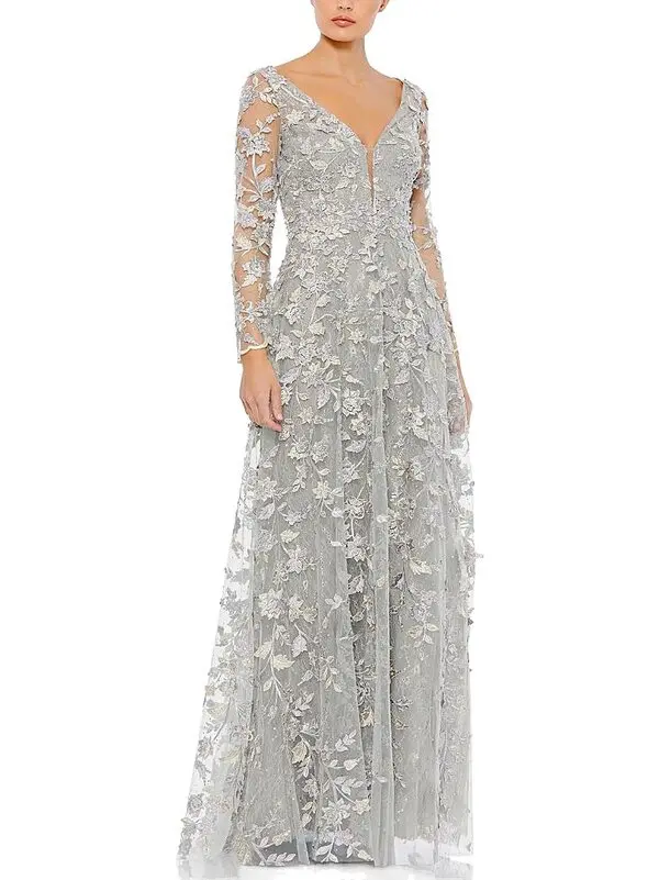 Mac Duggal Floral Applique Long Sleeve Illusion Gown - Platinum