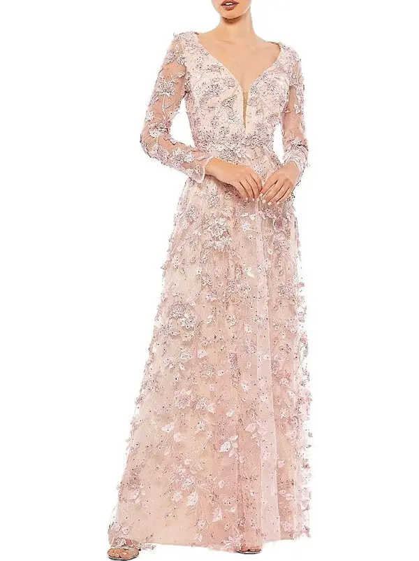 Mac Duggal Floral Applique Long Sleeve Illusion Gown - Rose Pink