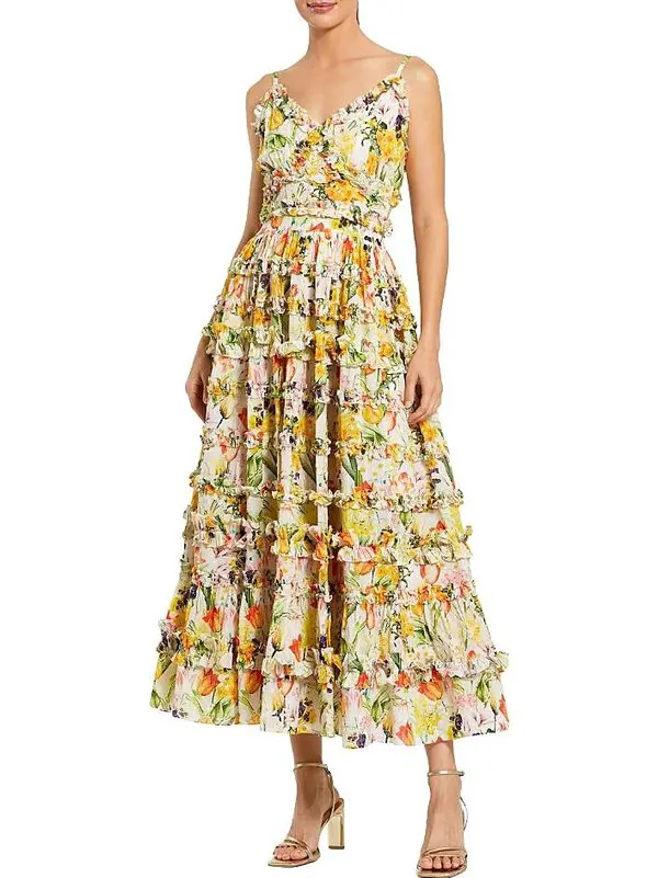 Mac Duggal Floral Print Ruffle Tiered Midi Dress - Yellow Multi