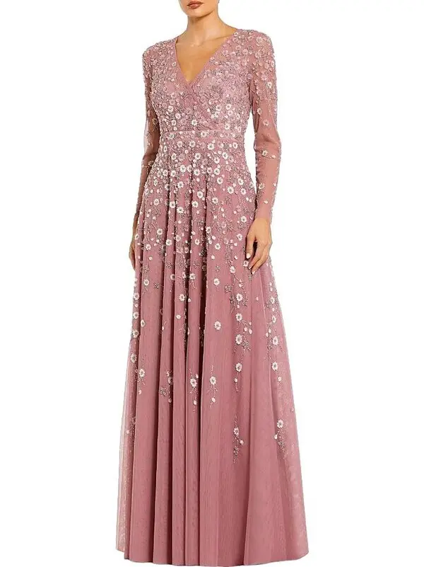 Mac Duggal Embellished Wrap-over Illusion Long Sleeve A-line Gown - Berry