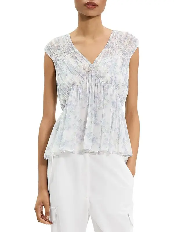Theory Silk Ruched V-neck Top - White Multi