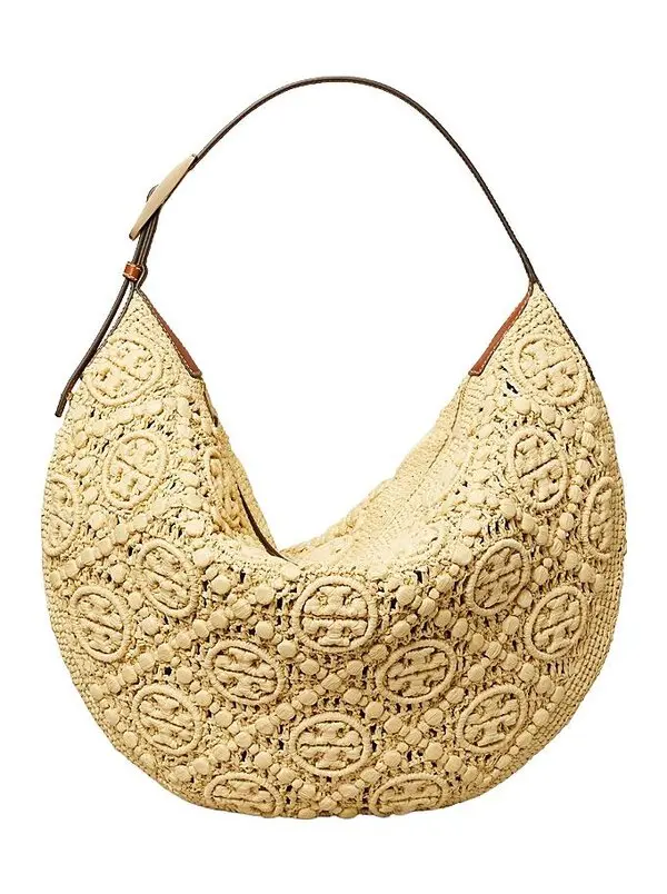 Tory Burch T Monogram Raffia Balloon Bag - Natural