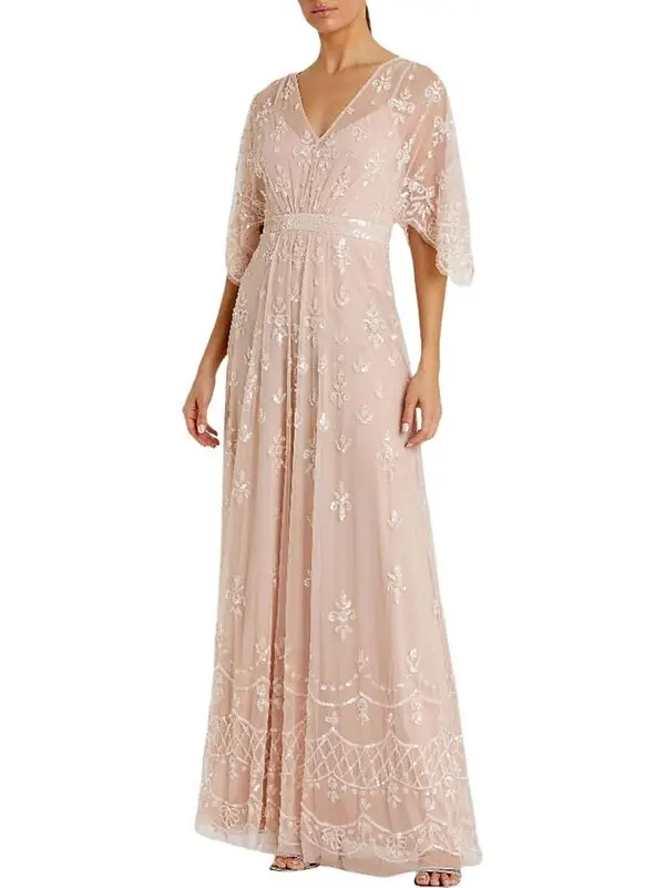Mac Duggal V-neck Embellished Mesh Gown With Flutter Sleeves - Blush