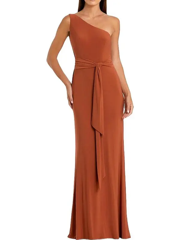Mac Duggal Jersey One-shoulder Belted Trumpet Gown - Brick