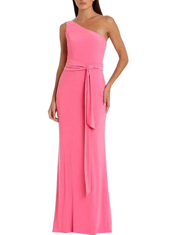Mac Duggal Jersey One-shoulder Belted Trumpet Gown - Candy Pink